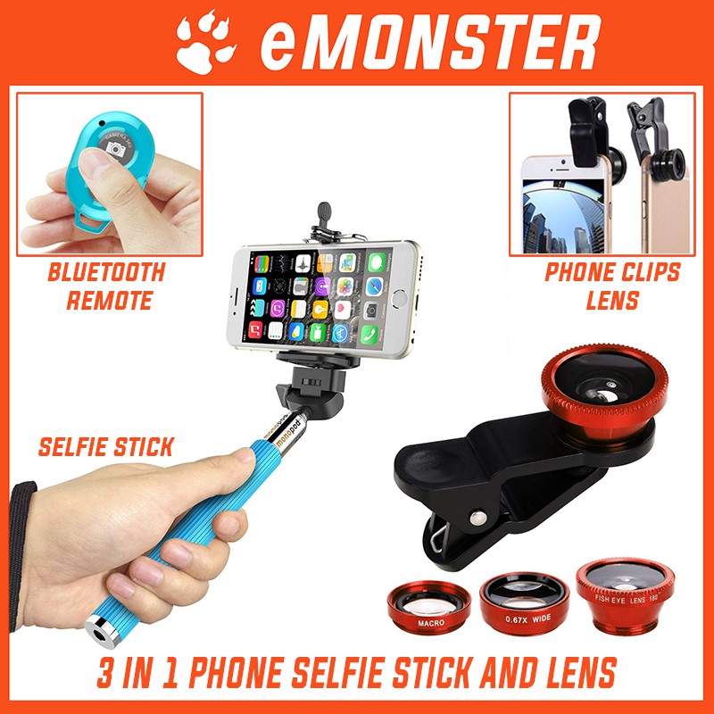 SALES !! 3 in 1 Monopod Selfie Stick Bluetooth Shutter Fish Eye Lens ...