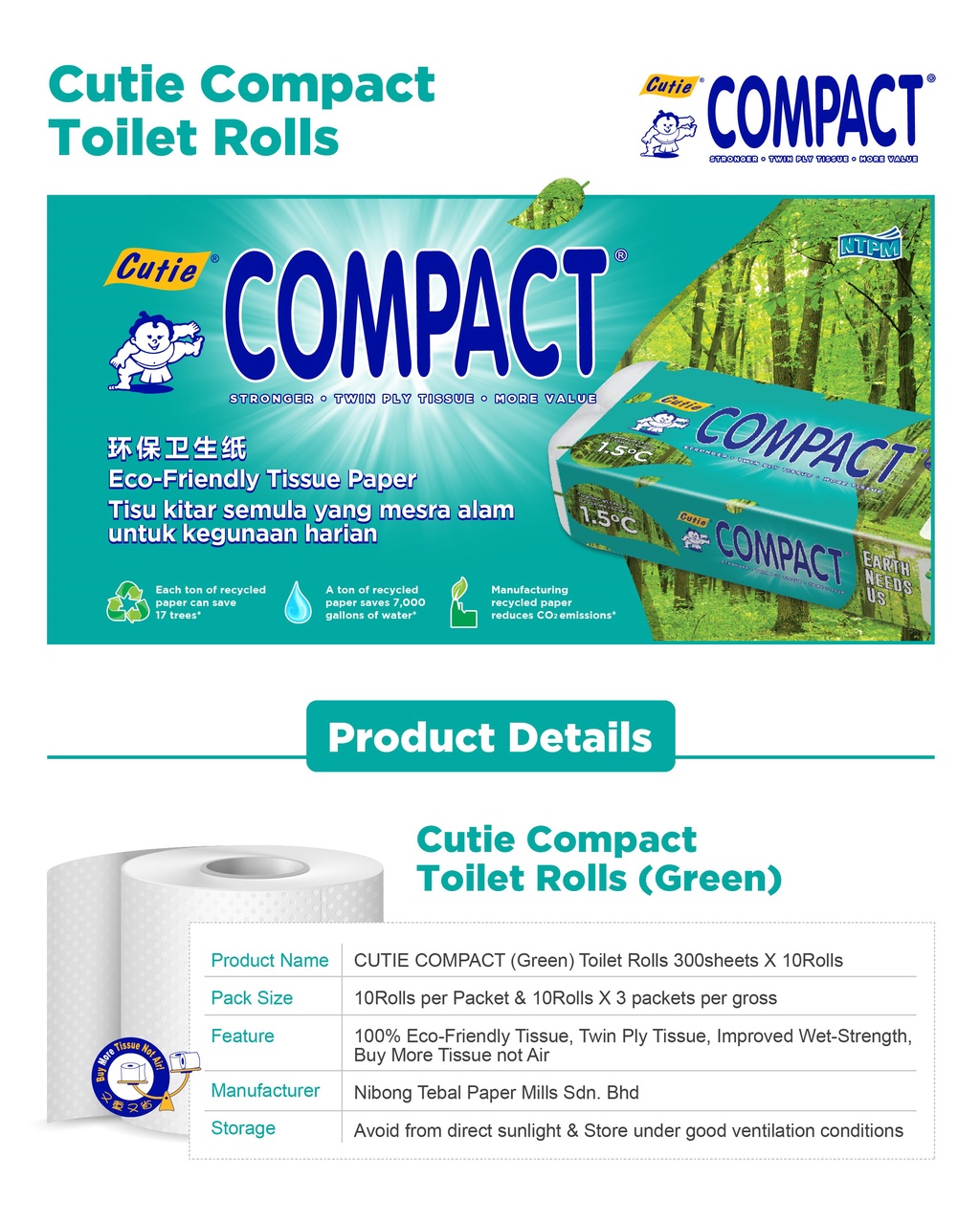 Cutie Compact 3 PLY (GREEN) Toilet Rolls (300's x 30) | Shopee Malaysia