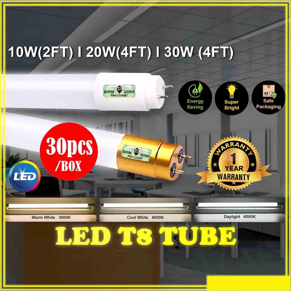 [SIRIM] 30PCS LED T8 TUBE EXTRA BRIGHT | 10W/20W/30W/60W | 2FT/4FT | LIGHT TUBE LAMPU ...