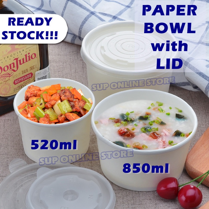 [50pcs] Disposable Paper Bowl & Lid Plain White - Mangkuk Kertas / Soup ...