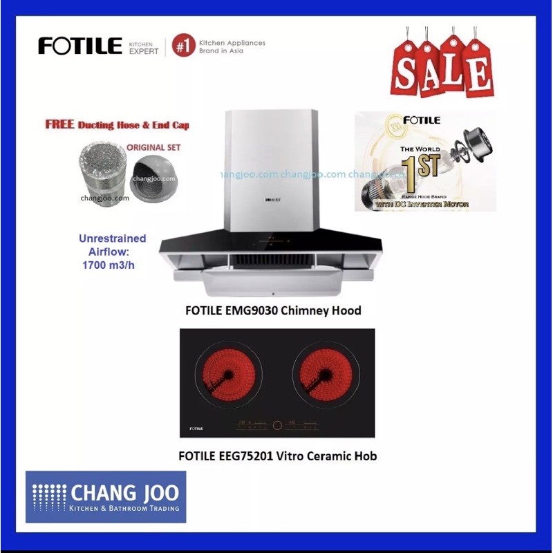 FOTILE EMG9030 Chimney Hood + FOTILE EEG75201 Vitro Ceramic Hob ...