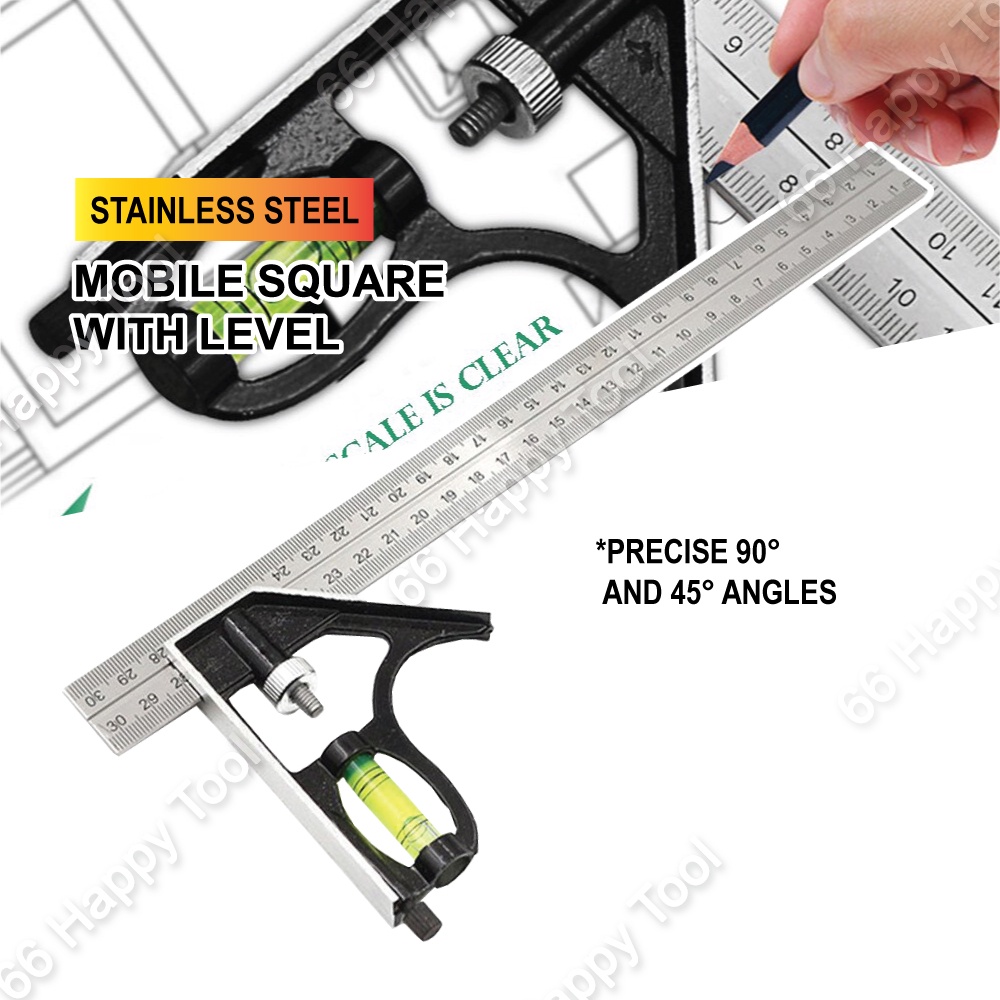 300mm Combination Angle Ruler With Bubble Level 45 / 90 Degree 12 Inch ...