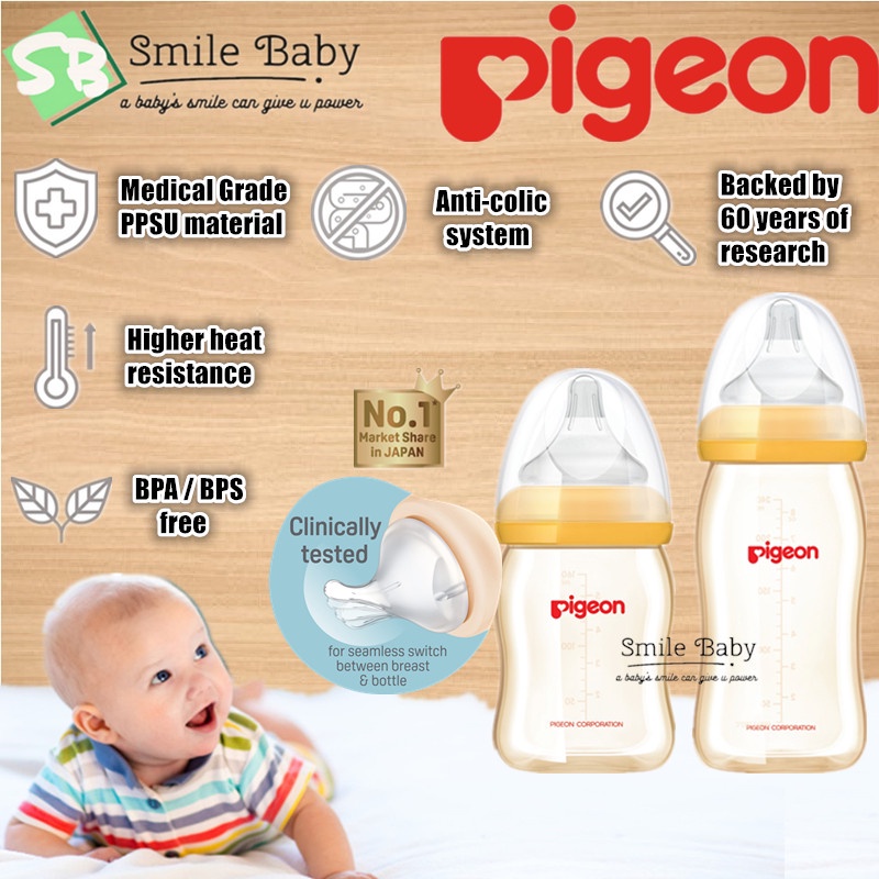 PIGEON Wide Neck PPSU Nursing Bottle, Softouch Peristaltic PLUS Nipple (160ml-SS / 240ml-M ...