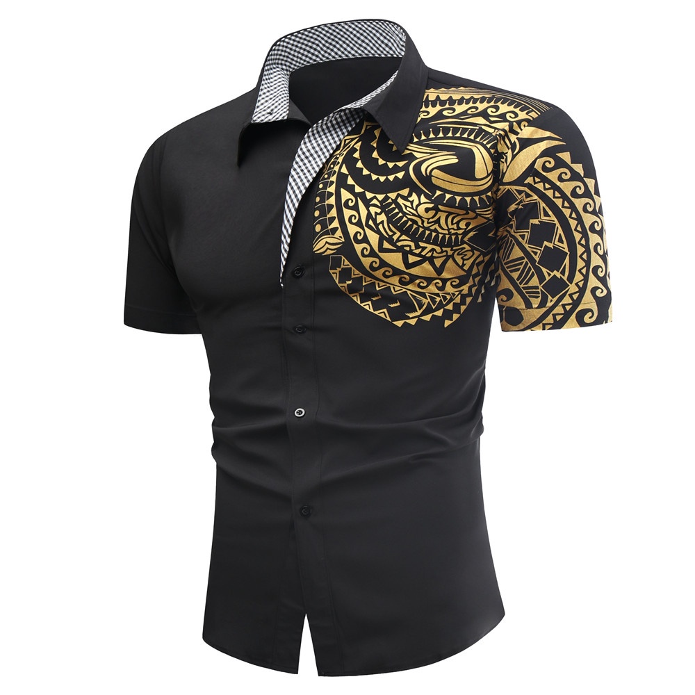 Luxury Gold Black Shirt Men New Slim Fit Short Sleeve Gold Black Social Club Prom Shirt | Shopee ...