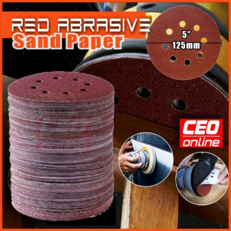 CEO 🇲🇾 5" (125mm) 8 Hole Red Abrasive Sanding Disc Hook Loop Adhesive ...