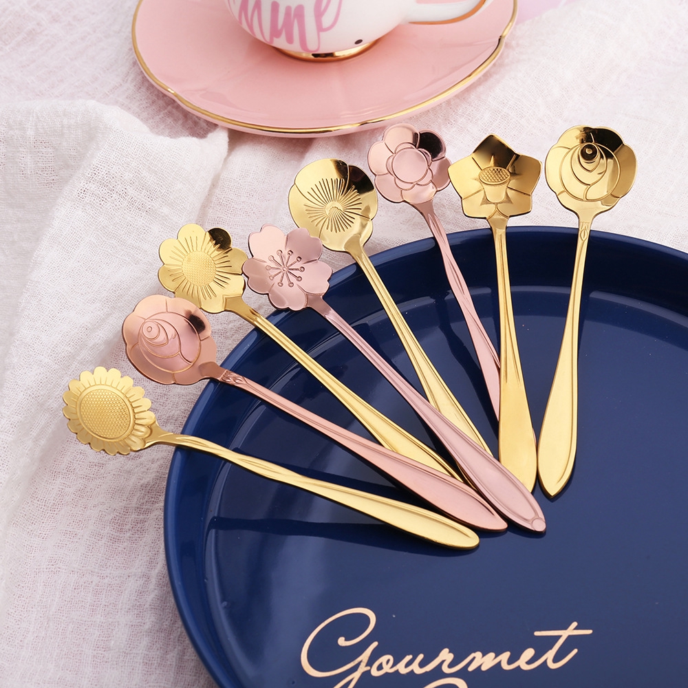 13cm Stainless Steel Flower Spoon Creative Golden Rose Cherry Mixing ...