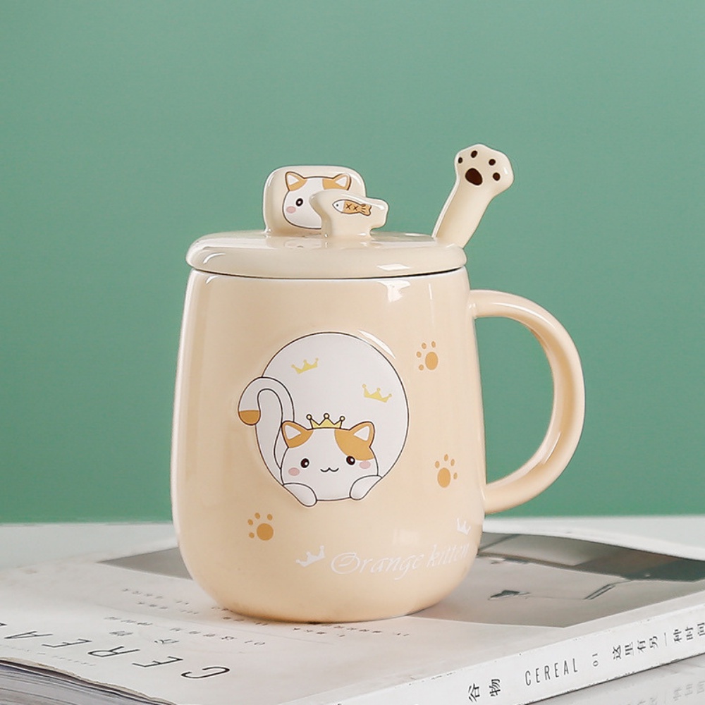 Ceramic Cartoon Mug Coffee Glass Cup with Lid & Stainless Steel Spoon ...
