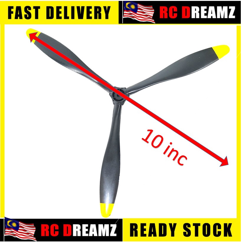 RC Plane Propeller 3 Blades 10inc L/R Motor Shaft 4mm Kipas Kapal ...