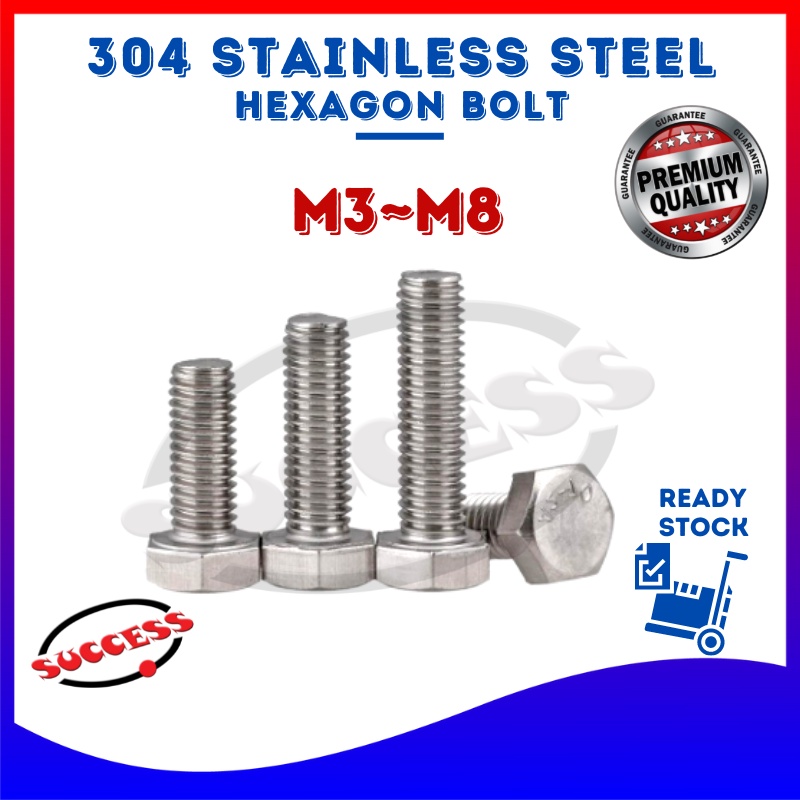 SUCCESS SUS304 M3 ~ M8 Stainless Steel Hexagon Bolt 304 Skru Fastener ...