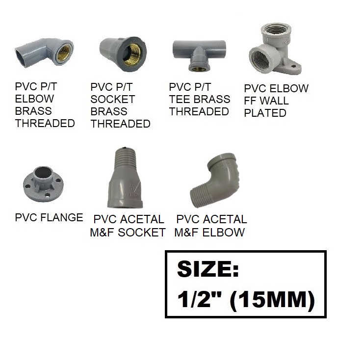 1/2" (15mm) PVC PT Elbow PT Tee PT Socket Brass Threated / Elbow FF ...