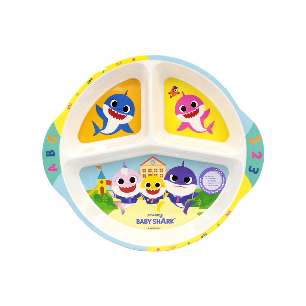 🦈New! Pinkfong Baby Shark 3 Three Section Bamboo + Melamine Round Plate ...