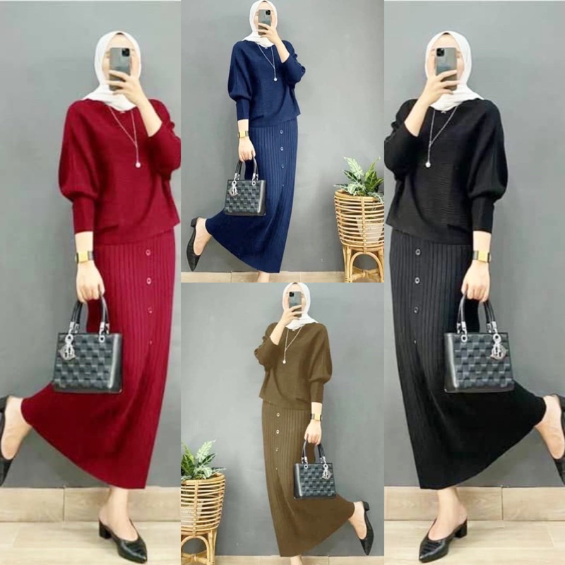 🌹SET MUSLIMAH🌹SET SKIRT ALYA~SET 2 IN 1 BLOUSE & SKIRT KNIT FIT S TO XL ...