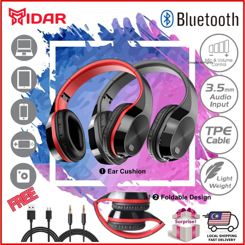 MIDAR Wireless Bluetooth Headphones Headset Foldable Portable Headband ...