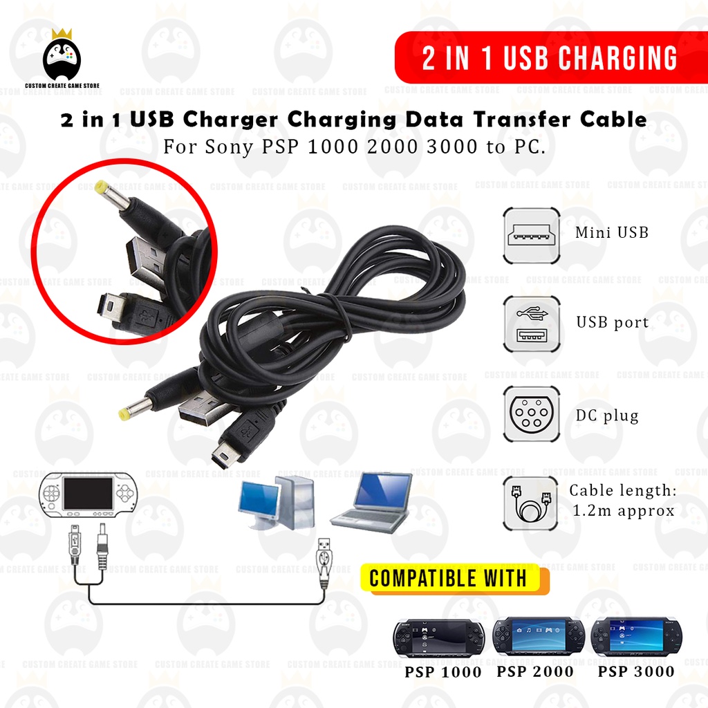 PSP 1000 2000 3000 2 in1 USB Charging And Data Transfer Cable | Shopee ...