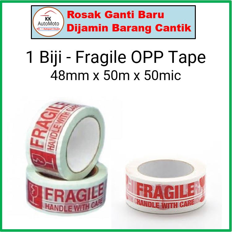1 Biji - Fragile Warning OPP Sticker Tape 48mm x 50 Meter x 50 Micron ...