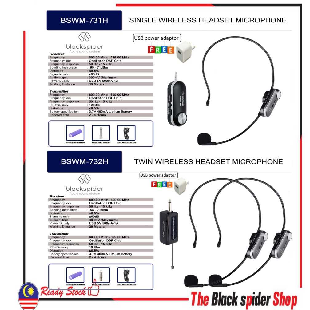 BLACK SPIDER [BSWM-731H] SINGLE / [BSWM-732H] TWIN WIRELESS HEADSET MICROPHONE | Shopee Malaysia
