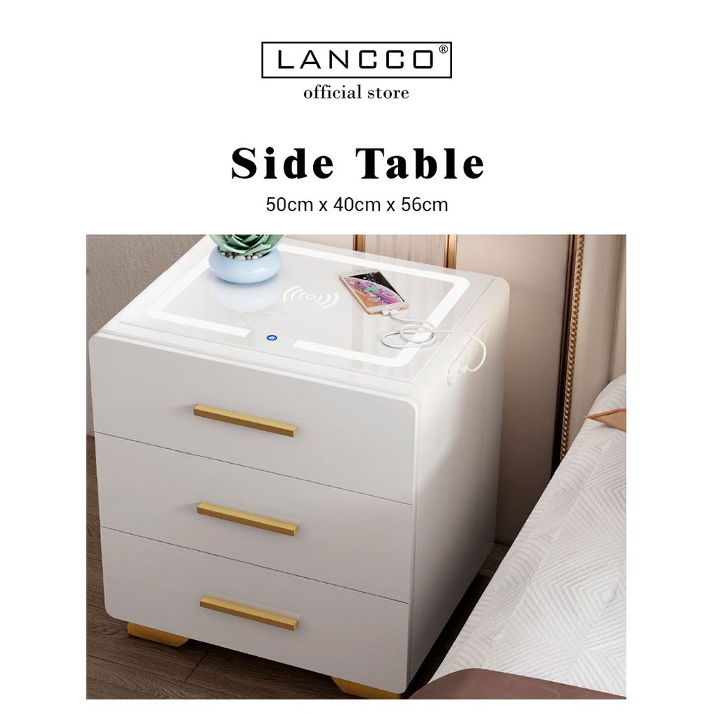 LANCCO New Modern Bed Side Table Intelligence Wireless Phone Charging Desk White Table Desk ...