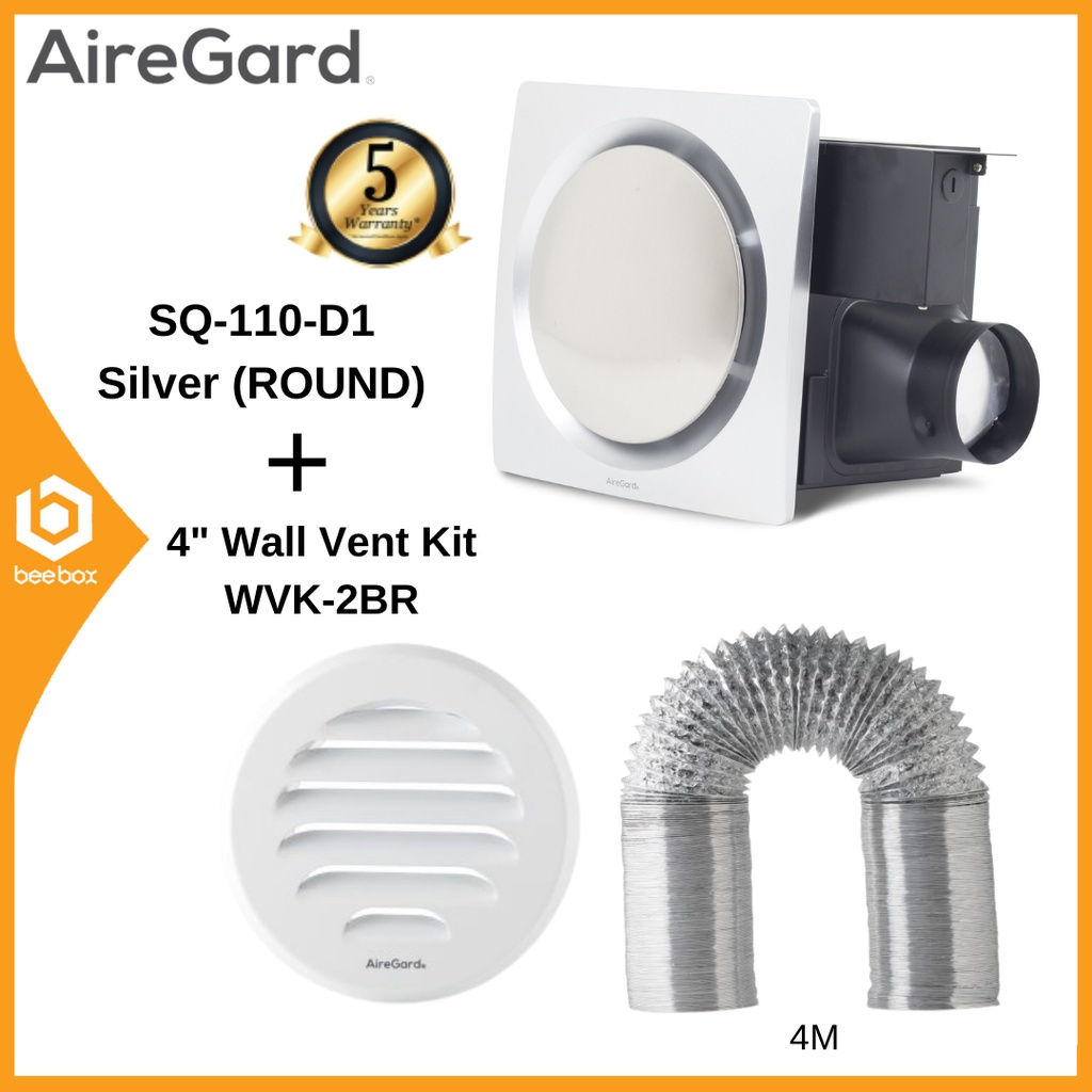 AireGard SQ-110 D1 Air Ventilation Exhaust Fan Silver Round + Wall Vent ...