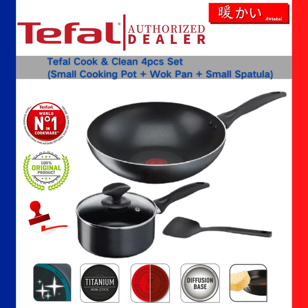 Tefal Cook & Clean 4 piece Non Stick Cookware Set (B225S4) Wokpan Saucepan Lid Pot Spatula Kuali ...
