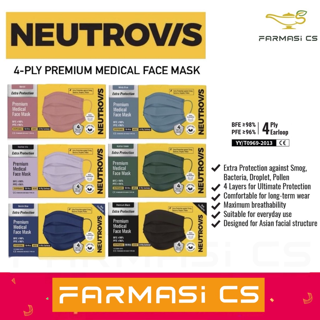 Neutrovis 4 PLY Ear Loop Premium Medical Face Mask ( 1 box ) 50 pieces ...