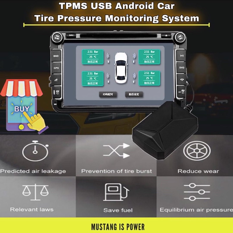 TPMS USB Android Car Tire Pressure Monitoring System 4 External/Internal Sensors Navigation Tyre ...