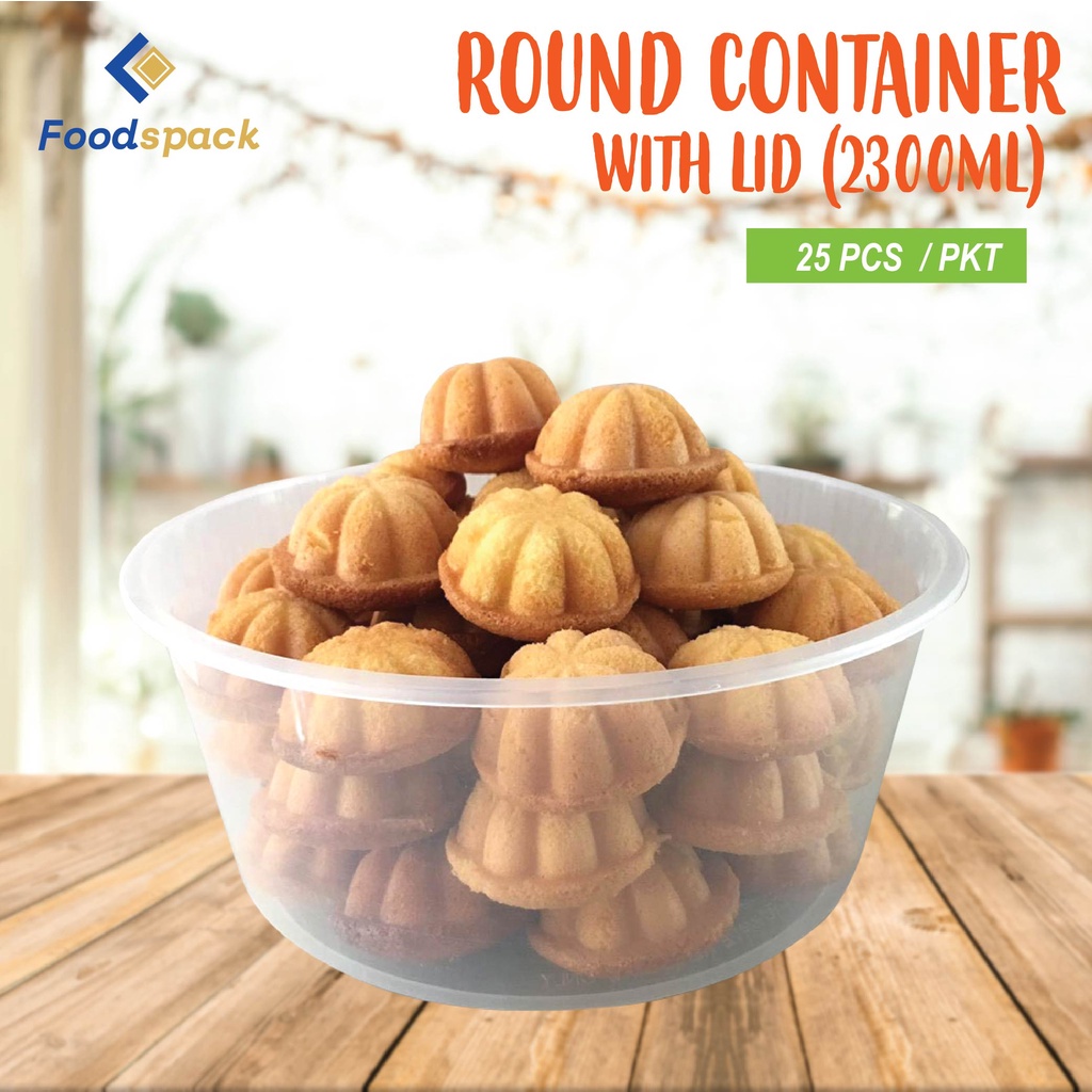 2set - (25pcs/pkt) 2300ml Round Container with Lid/Bekas Kuih Bahulu ...
