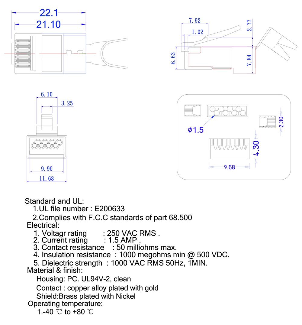AMPCOM Pass Through CAT7 RJ45 Connector, CAT6A/7 50U Gold-plated Pass ...