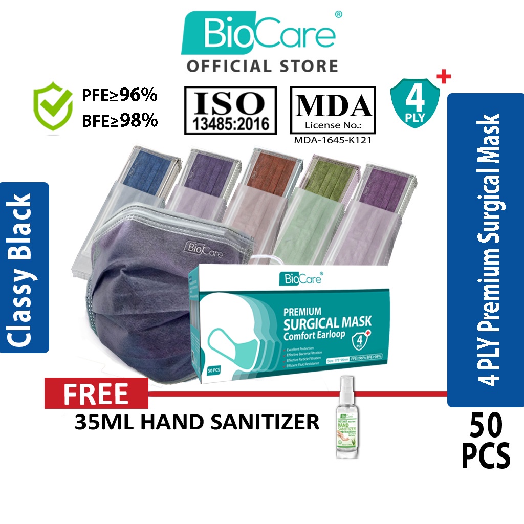 Biocare Premium 4 ply Surgical Face Medical Mask - Classy Black (50 Pcs ...