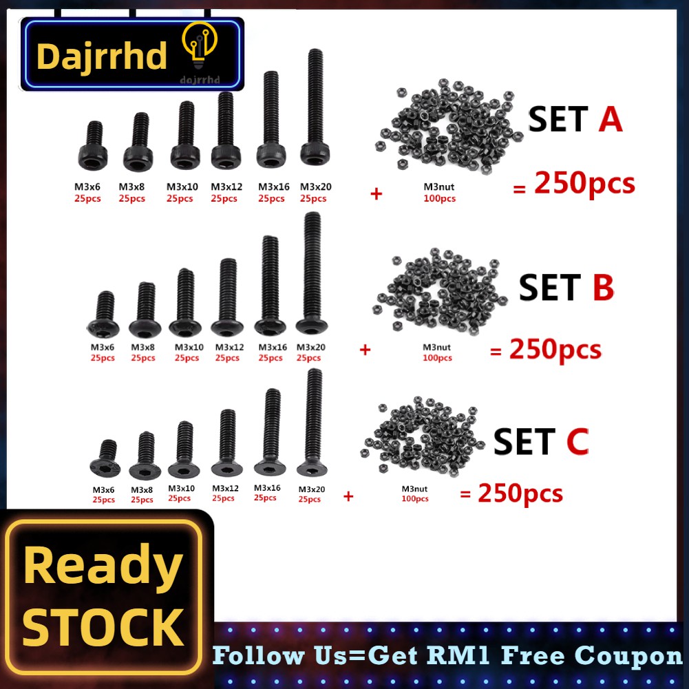 250pcs M3 Nuts And Bolts Set Black Alloy Steel Hex Socket Screws Bolt ...