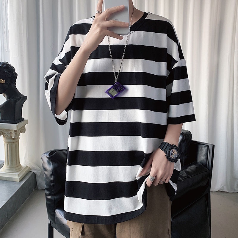 2022 New Style Summer Mens Striped Short Sleeved T Shirt Trendy Loose