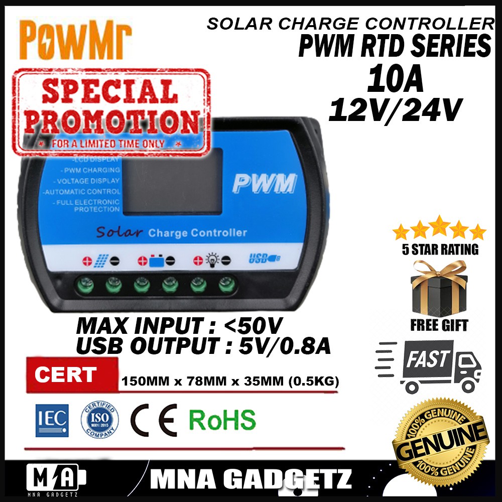 POWMR SOLAR CHARGE CONTROLLER PWM RTD SERIES 10A 20A 3OA 12V 12VOLT 24V ...