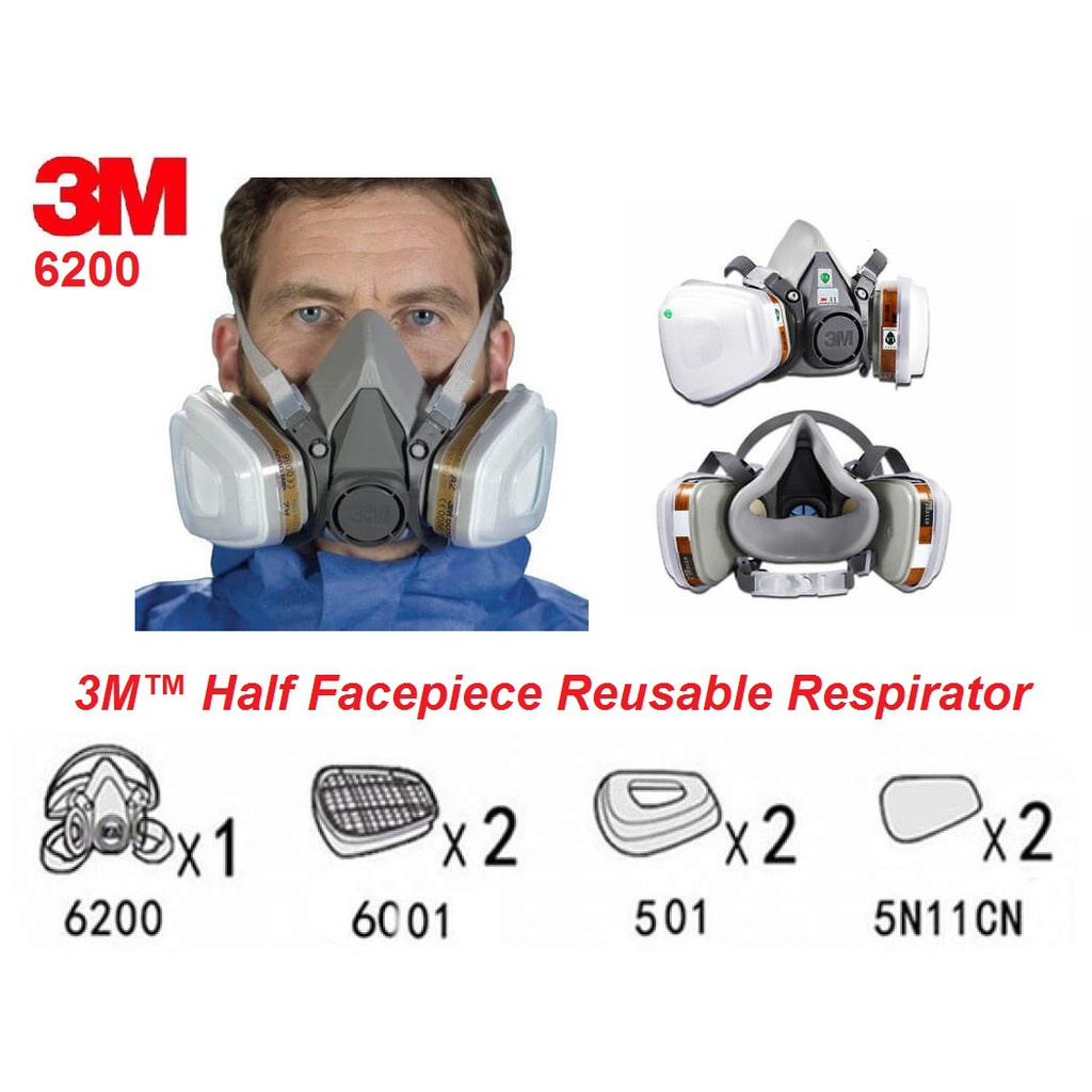 3M 6200 MASK SET/HALF FACE MASK RESPIRATOR + 3M 6001 CARTRIDGE + 3M 501 ...