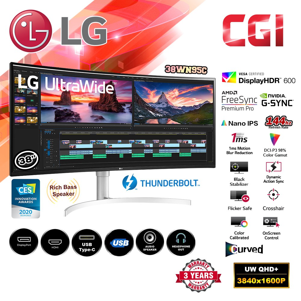 LG 38WN95C 38" Nano IPS 144Hz 1ms QHD+ Nvidia G-Sync FreeSync Premium Pro ThunderBolt 3 ...