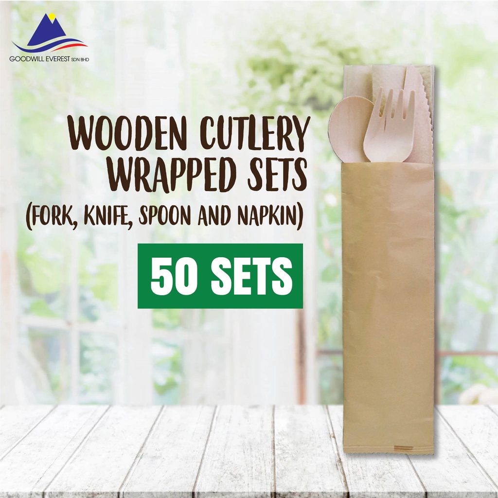 (50 Sets) Biodegradable Wooden Cutlery Set with Wrapped (Spoon, Fork ...