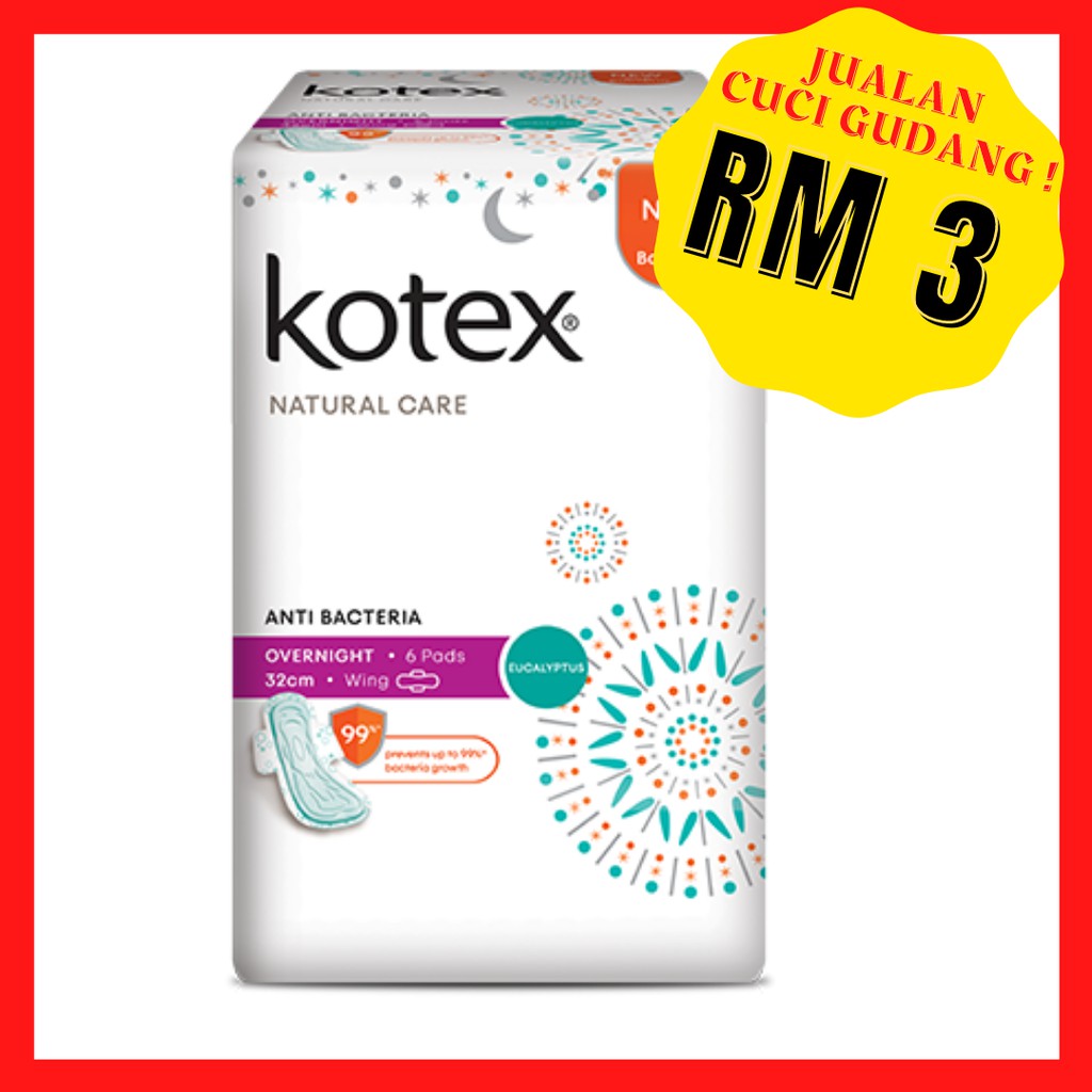 KOTEX NATURAL CARE ANTI BACTERIAL OVERNIGHT 6 PADS WING 32CM | Shopee Malaysia
