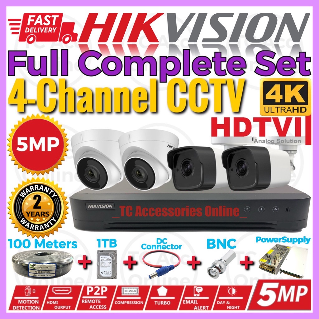HIKVISION 5MP Full Set DIY 🌟4-CHANNEL🌟 Full HD 1920P HIK CCTV 4CH DVR + Camera + HDD + Power ...