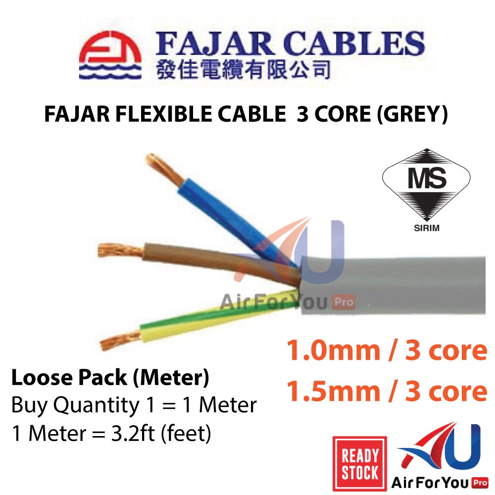 [Per Meter] Fajar 1.0mm² & 1.5mm² x 3 Core Flexible Cord Cables 100% Pure Copper (SIRIM)[READY ...