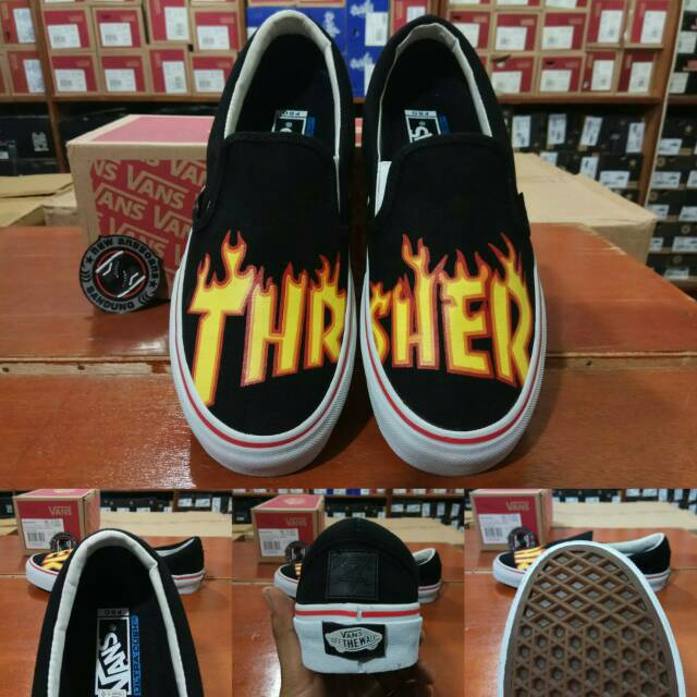 HITAM PUTIH 100% PREMIUM Vans Slip On Pro X THRASHER Flame On Fire Fire ...