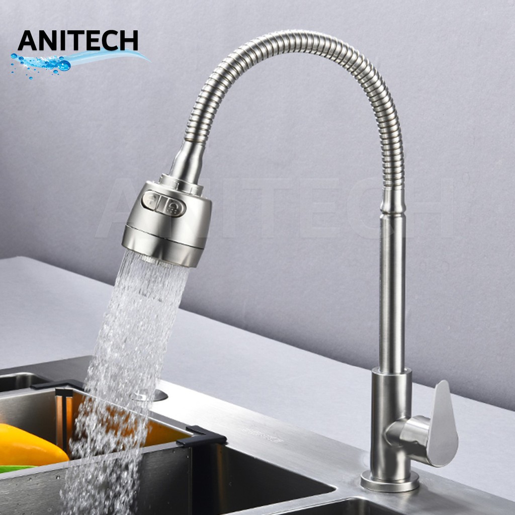 ANITECH SUS 304 Stainless Steel Kitchen Faucet Double Flexible Sink Tap ...
