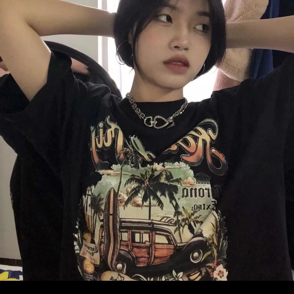 Tee drew trend round neck funny korean short sleeve black printing ...