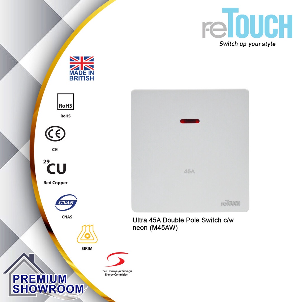 ReTouch Ultra 45A Double Pole Switch c/w neon (M45AW) | Shopee Malaysia