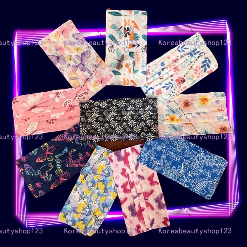 【HEADLOOP MASK 50pcs 】Mix Flower/Rama-rama colour 3 ply BFE