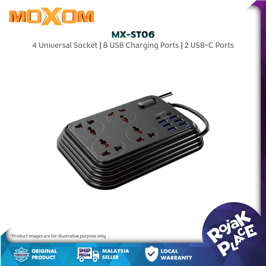 Moxom MX-ST06 Power Strip Extension Cord Adapter 3.4A Auto-ID USB USB-A ...