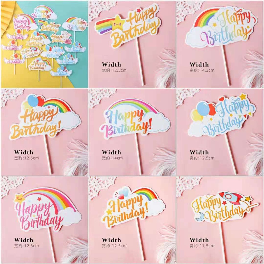 [WAWA] Rainbow happy birthday cake decoration topper 彩虹 生日快乐 蛋糕插牌 ...
