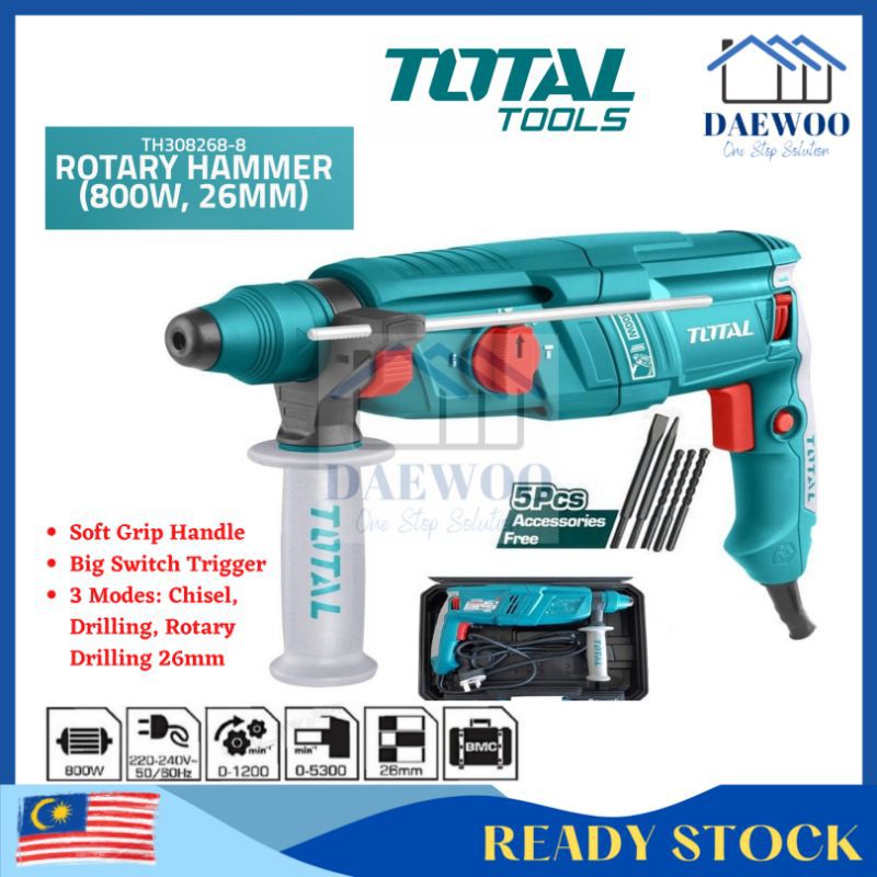 TOTAL 3 IN 1 26MM ROTARY HAMMER 800W (TH308268) | Shopee Malaysia