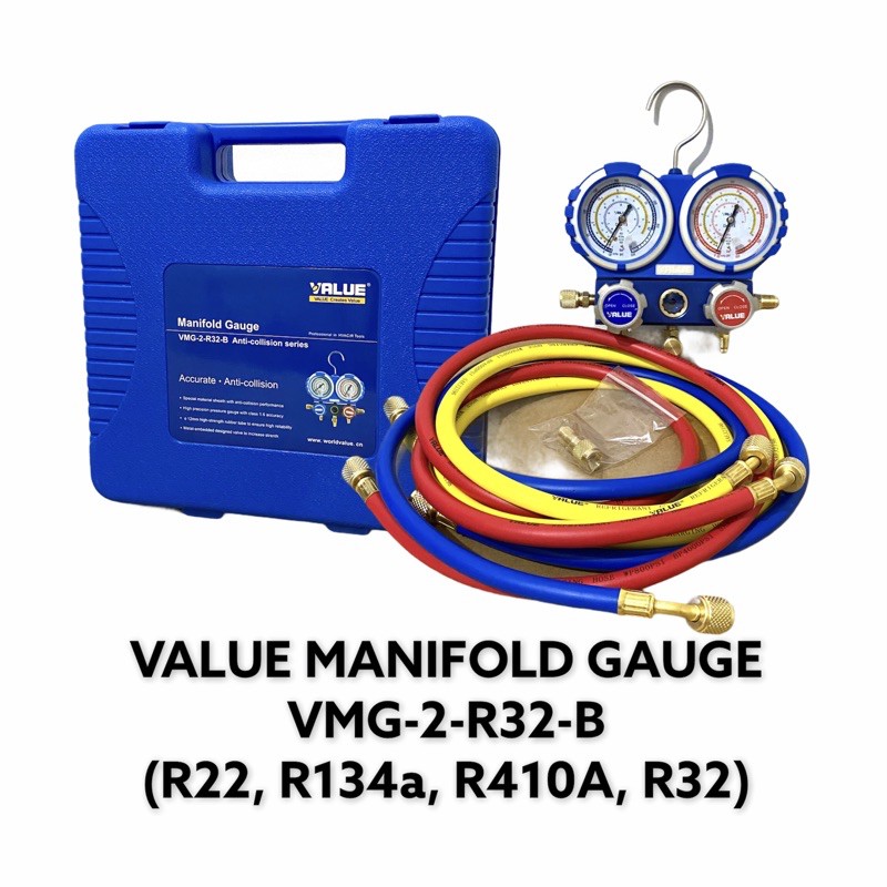 VALUE Manifold Gauge Set (VMG-2-R32-B) R32 R410A R134a R22 Air Cond Refrigerant Gas Meter ...