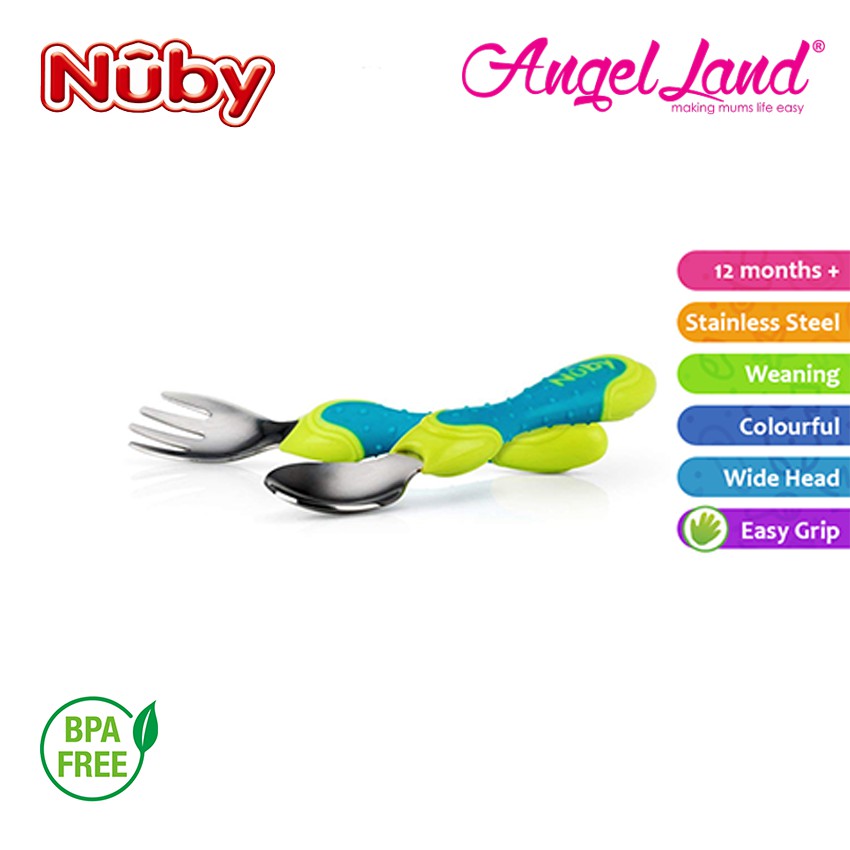 Nuby Stainless Steel Cutlery Set Spoon & Fork with Grip Handle (12m+) NB5440 | Shopee Malaysia