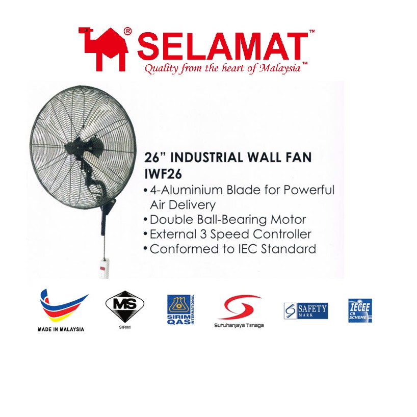 Selamat 26 Inches Heavy Duty Industrial Wall Fan with Approved By SIRIM ...