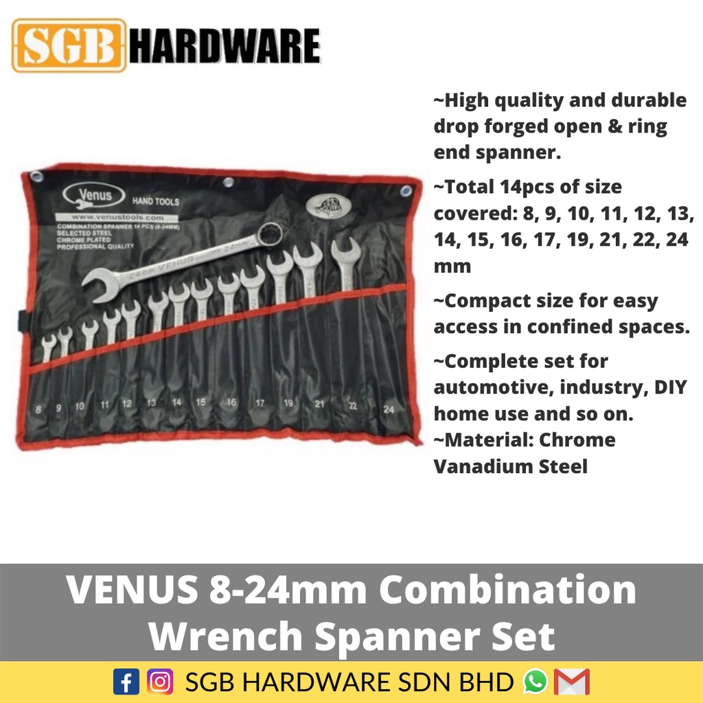 VENUS Combination Wrench Spanner Set Tools Set 14 Pieces (8mm - 24mm ...