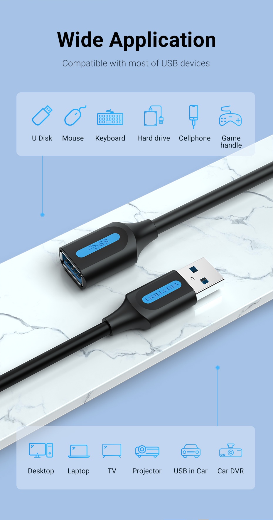 Vention USB 3.0 Extension Cable USB 2.0 to Extender Data Cord Super ...